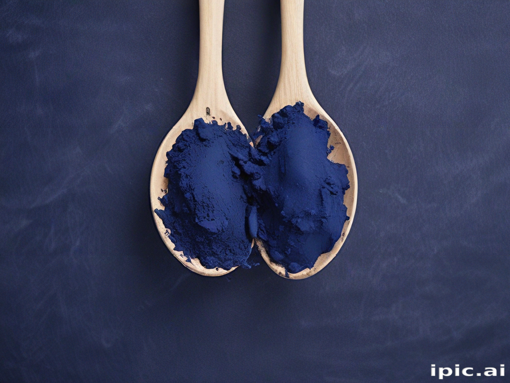 Two Wooden Spoons Holding Vibrant Blue Powder Against a Dark Background