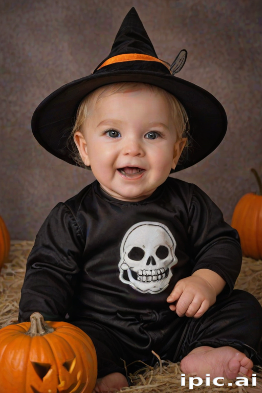 Adorable Baby in Halloween Costume with Witch Hat and Pumpkins