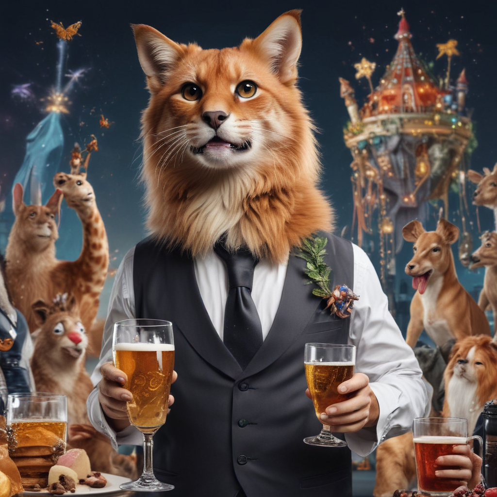 A Whimsical Celebration Featuring a Cat-Headed Host Among Enchanted ...