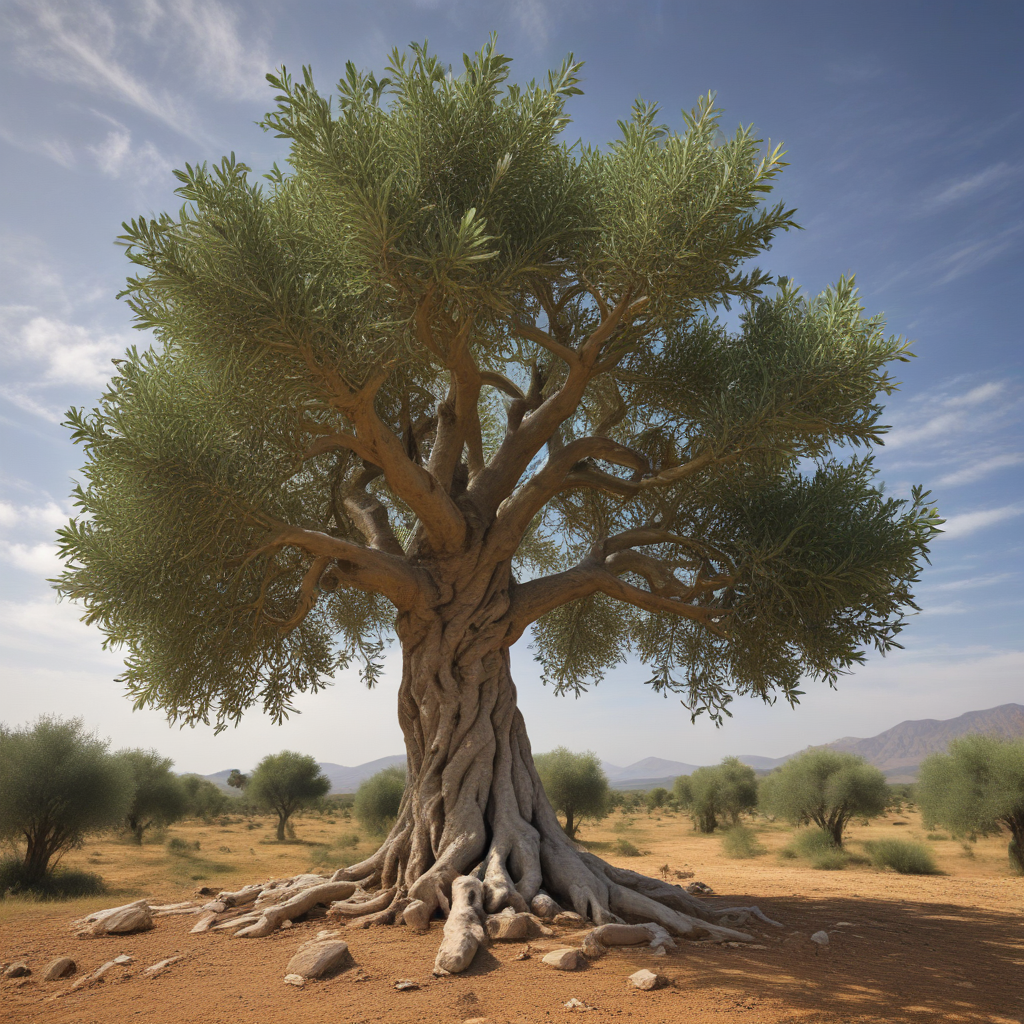 A Majestic Olive Tree Stands Proudly in a Serene Landscape.