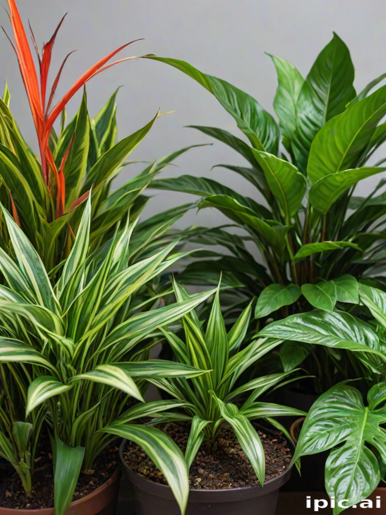 A Lush Arrangement of Vibrant Indoor Plants in Decorative Pots.