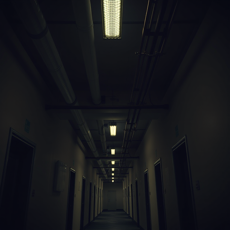 Dimly Lit Corridor with Multiple Doors and Overhead Lighting Fixtures
