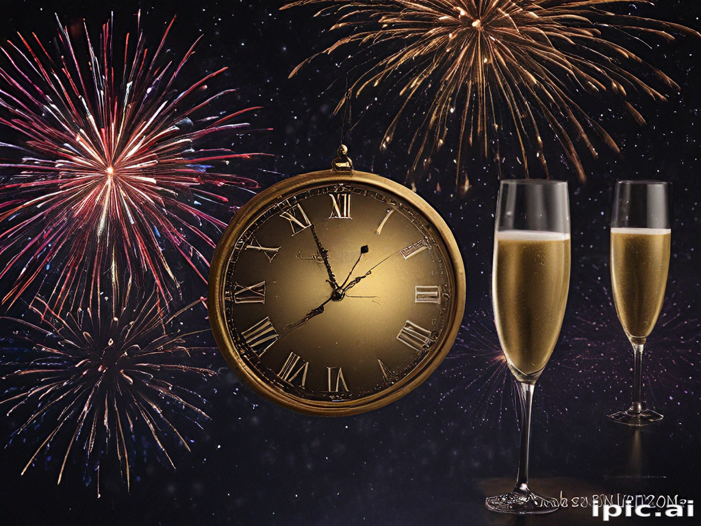 Celebrating New Year's Eve with Champagne and Fireworks at Midnight