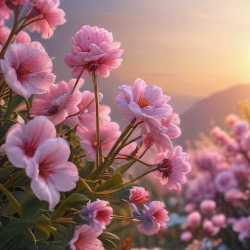 Beautiful Pink Flowers Blooming Under a Soft Sunrise Sky at Dusk