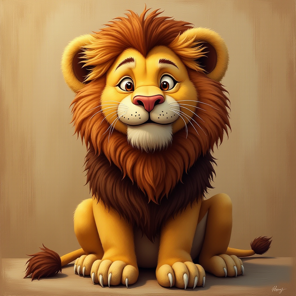 A Cute and Cheerful Cartoon Lion with Big Eyes and Fluffy Mane.
