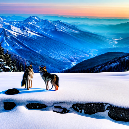 two wolves, one black and one red. standing at the edge of a moutain ...