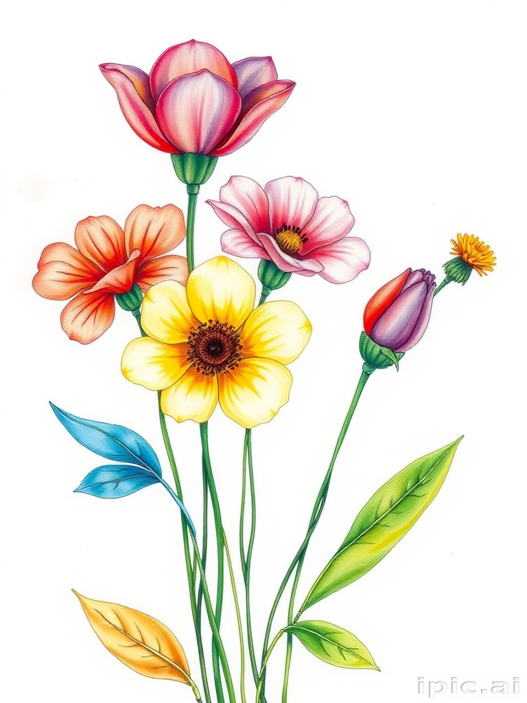 Vibrant Floral Bouquet Featuring a Variety of Colorful Blossoms and Leaves