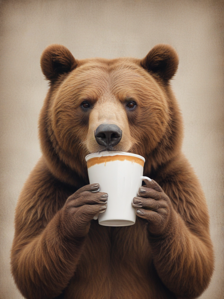 brown bear sipping a latte