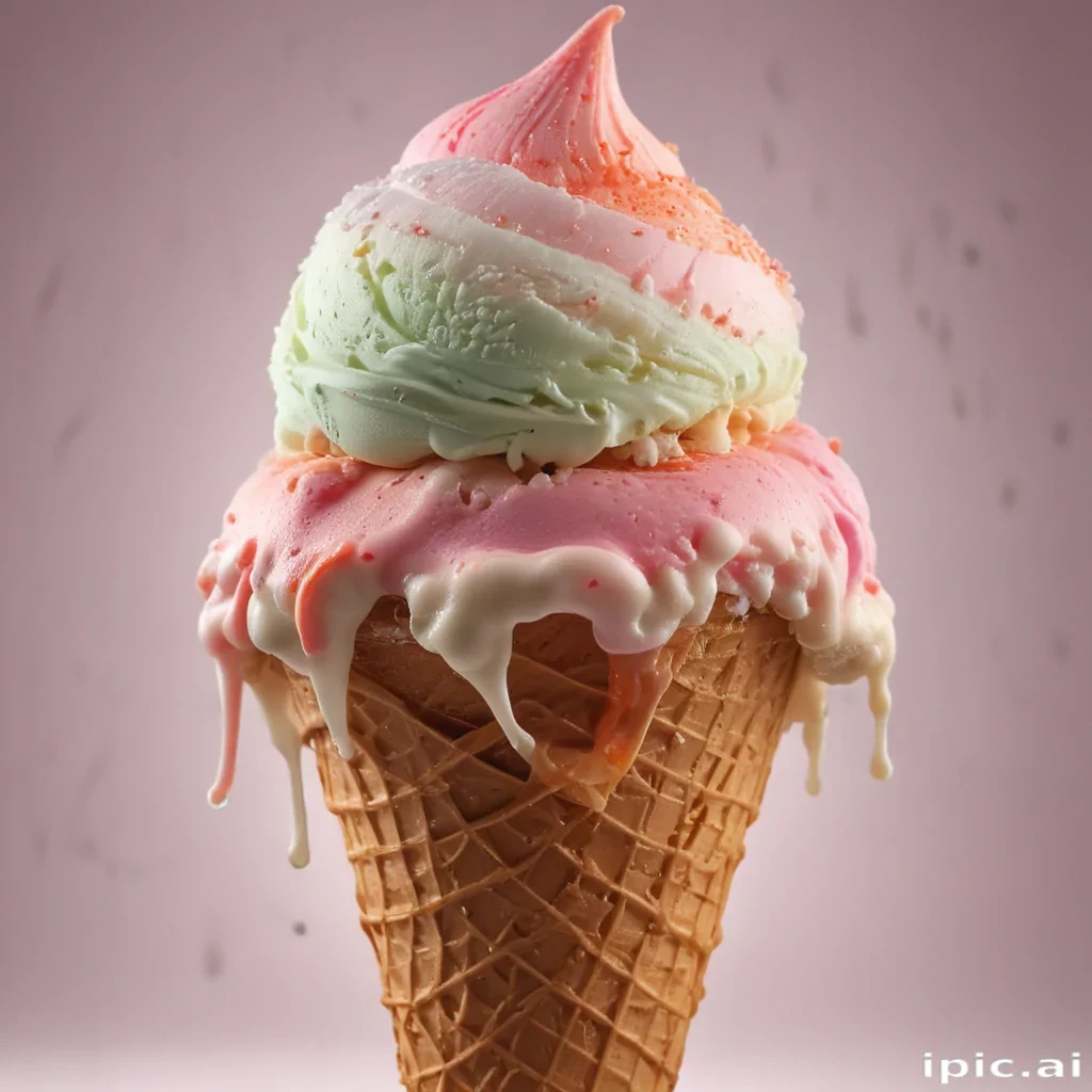 Deliciously Melting Ice Cream Cone with Colorful Scoops and Dripping ...