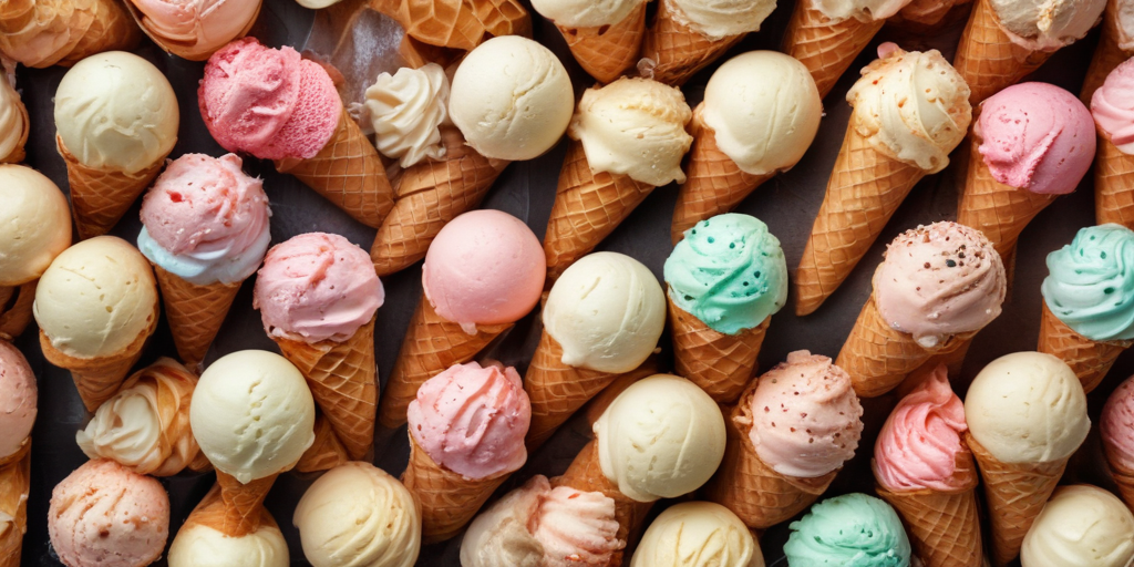 A Colorful Array of Ice Cream Cones in Various Flavors and Textures.