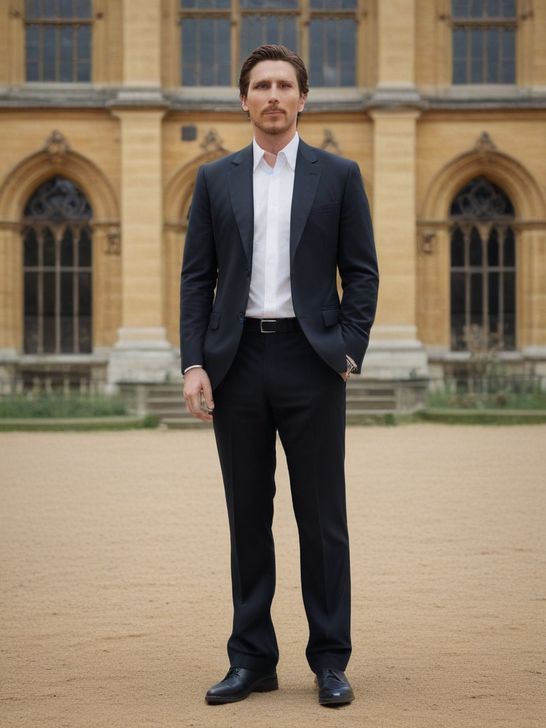 christian bale, full body, background wollaton hall