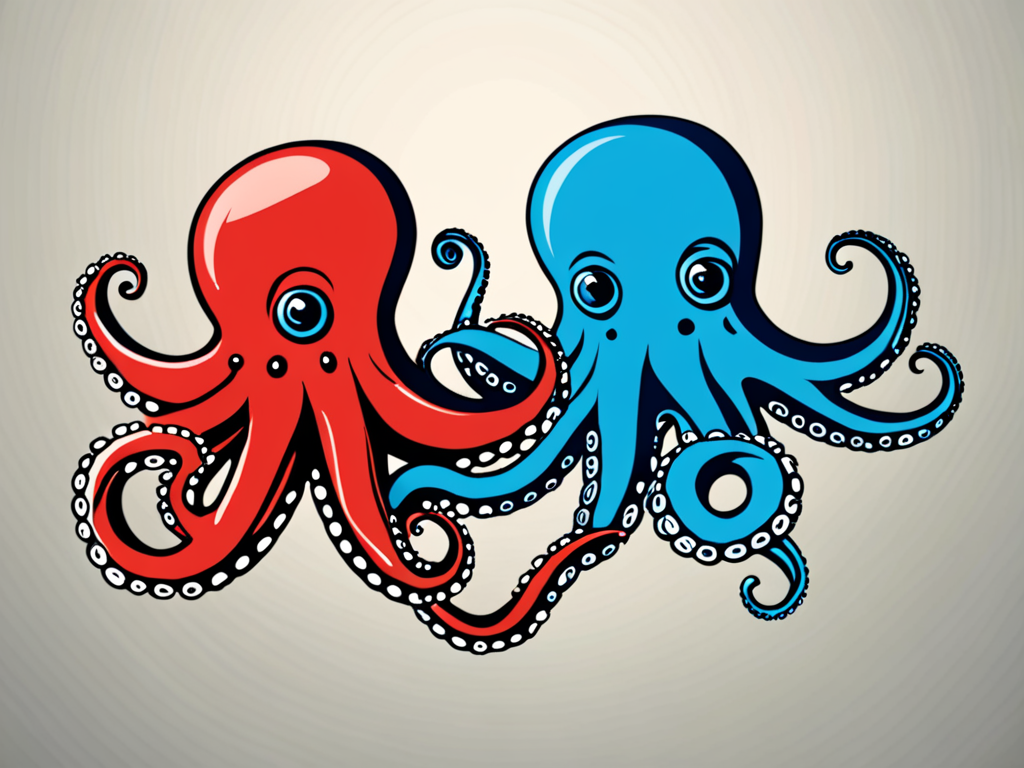 two cartoon octopus, one red and the other blue