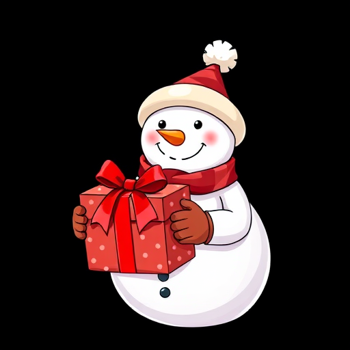 Create a vibrant cartoon-style image of a cheerful snowman holding a ...