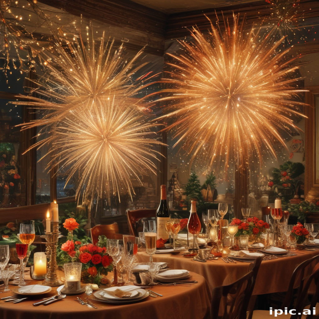 Elegant Dining Table Set for Celebration with Sparkling Fireworks Display