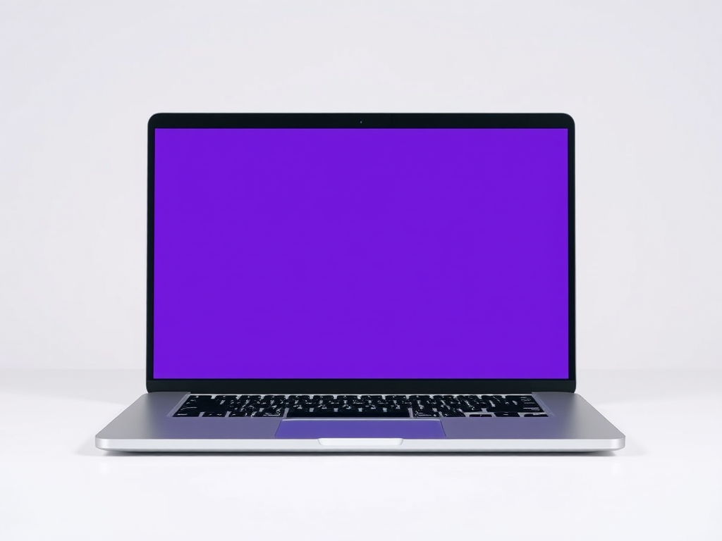 Blank Laptop Screen Displaying a Vibrant Purple Background on a Table