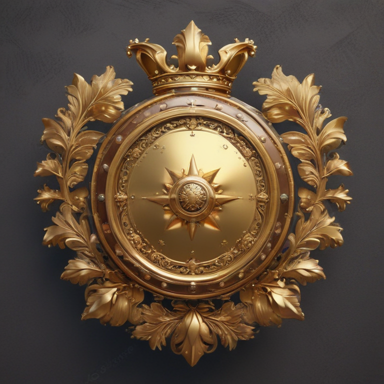 Exquisite Gold-Plated Shield with Ornate Crown and Floral Decoration