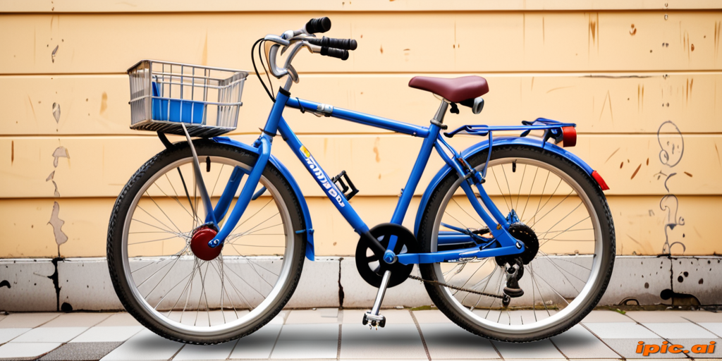 A Bright Blue Bicycle with a Basket Against a Colorful Wall Background.