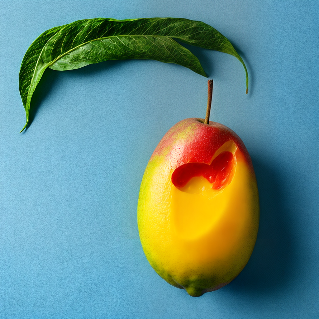 A mango with a face hanging by the stem drawing emotional not scary