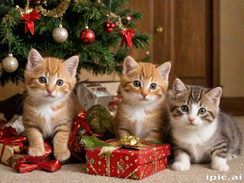 Three Adorable Kittens Surrounded by Christmas Gifts Under a Tree
