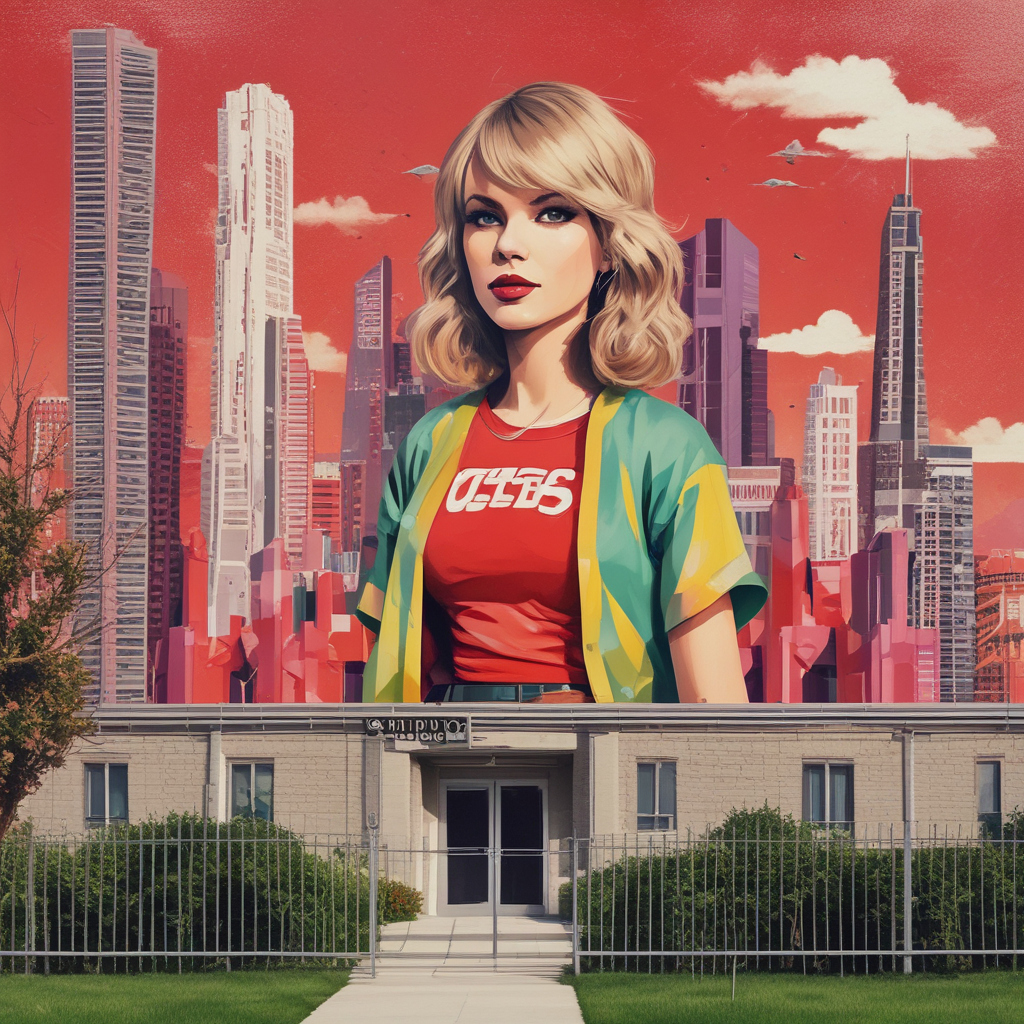 CCCP propaganda style building mural of Taylor Swift attending super bowl