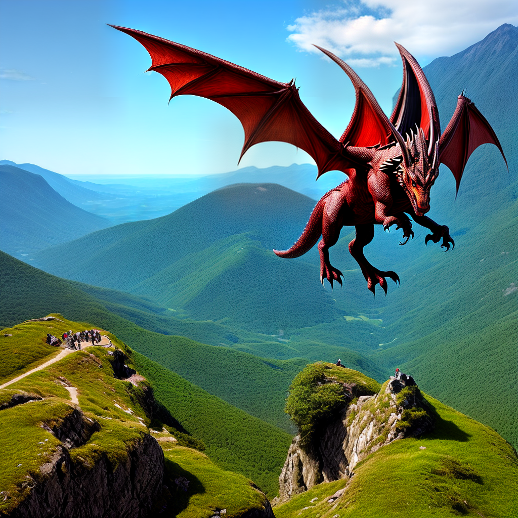 A dragon on a mountaintop swooping onto a knight