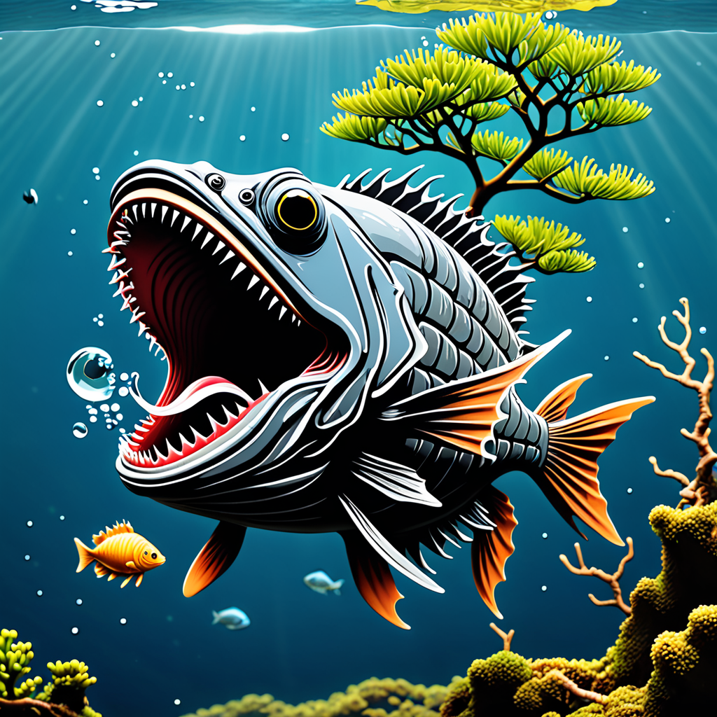 Cartoon angler fish eating a bonsai tree in the depths of the sea