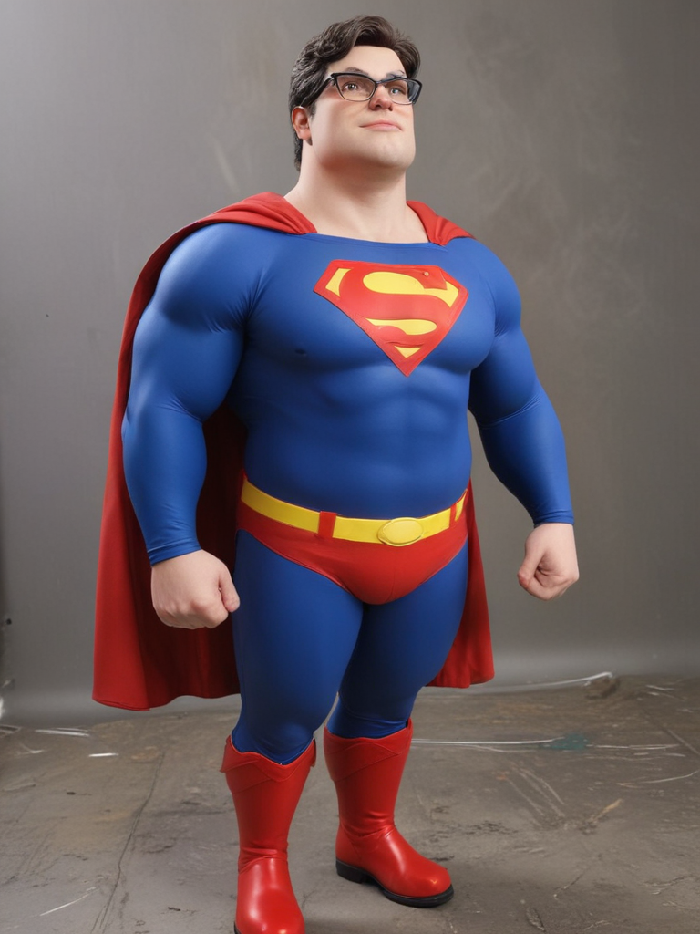 Realistic chubby college nerd guy, full body, realistic superman suit ...