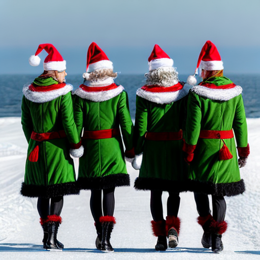 santa with elves and reindeer exercise in freezing north pole