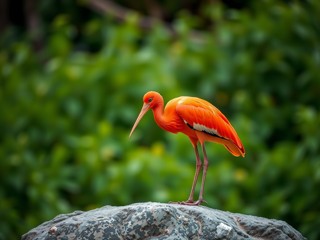 A Strikingly Colorful Scarlet Ibis Perched Gracefully on a Rock.