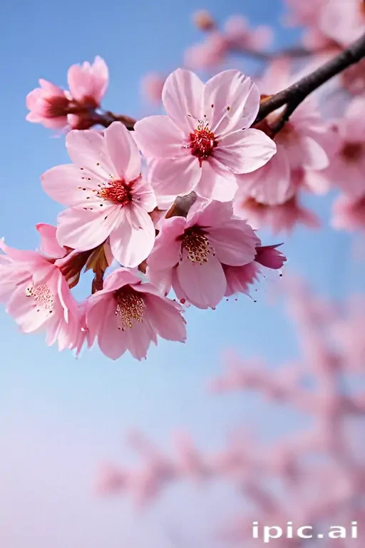 Delicate Cherry Blossom Branch Against a Soft Blue Sky Background.