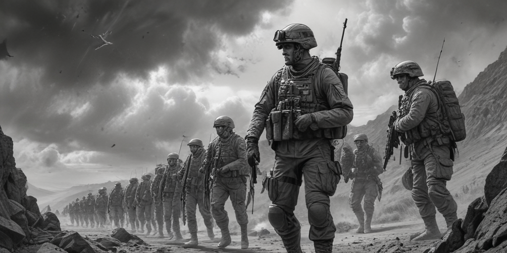 Brave Soldiers Marching Determinedly Through Rugged Terrain Under ...