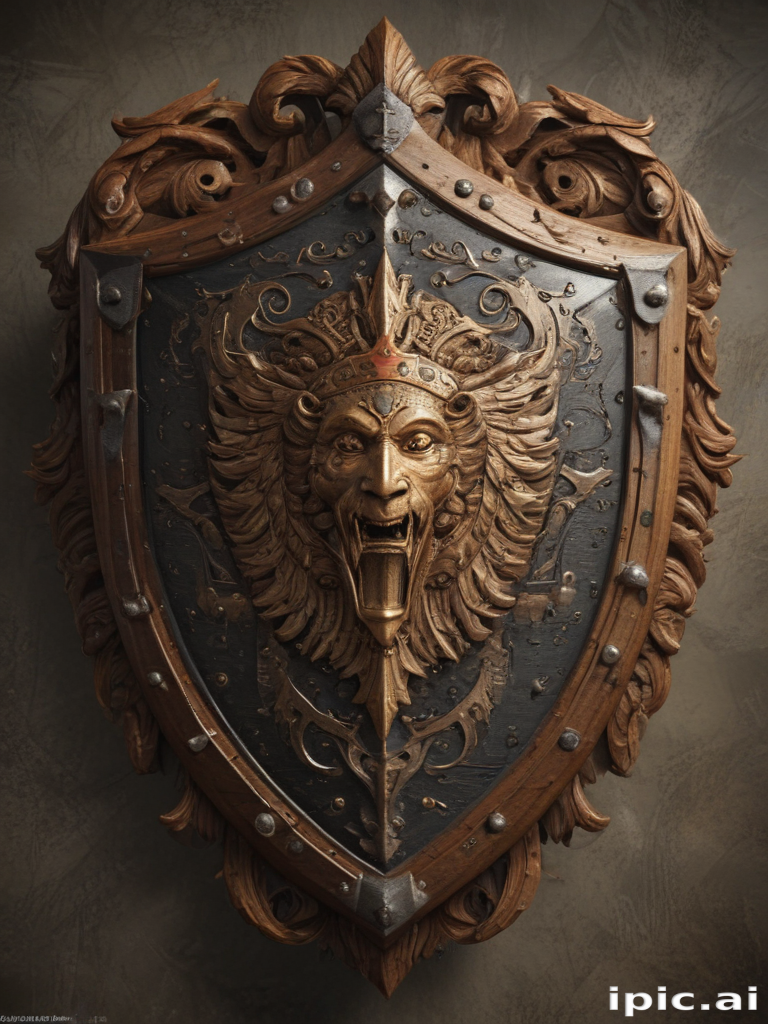 Intricately Designed Wooden Shield Featuring a Majestic Lion Head Emblem