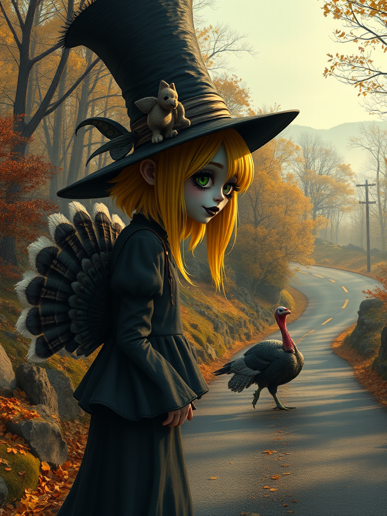 A Mysterious Young Witch Stands Beside a Turkey on a Autumn Road