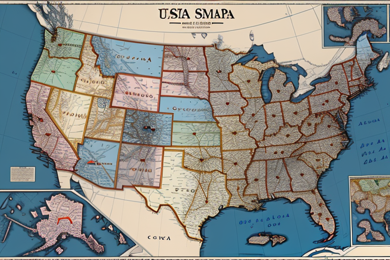 Historical Map of the United States Featuring State Borders and Regions
