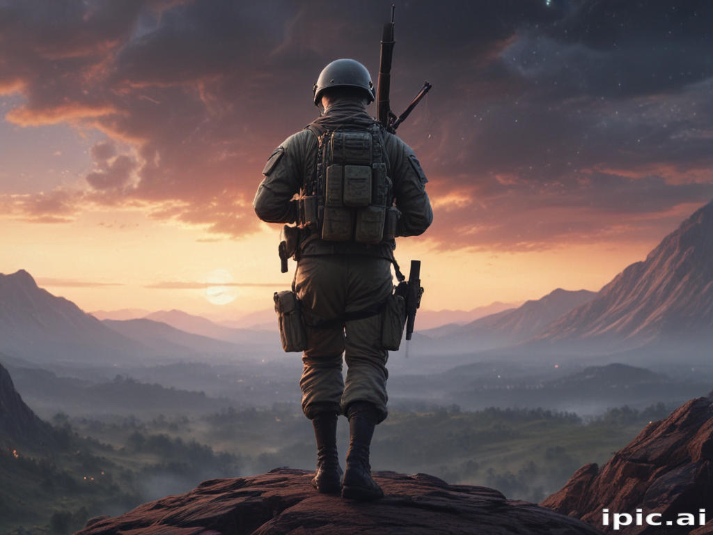 Soldier Standing on Mountain Overlooking Vast Landscape at Sunset