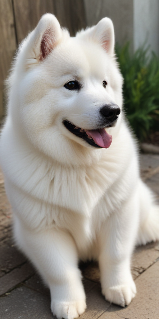 A Fluffy White Samoyed Dog Sitting Happily in a Sunny Garden.