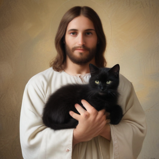 Jesus Christ holding two black cats