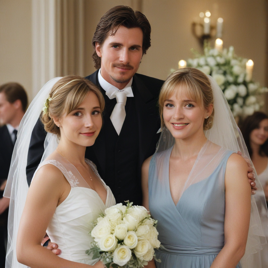 Christian bale as bruce wayne and allison mack wedding, looking at the camera