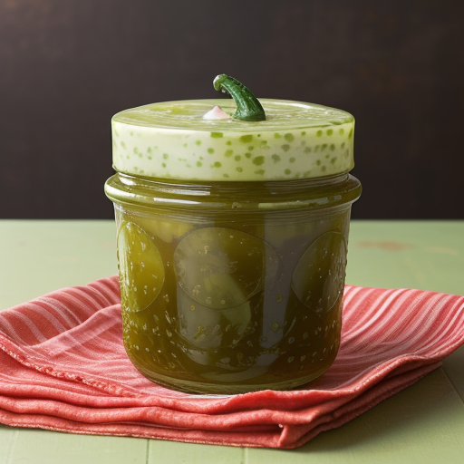 A Jar of Vibrant Green Pickles with a Unique Decorative Lid Design