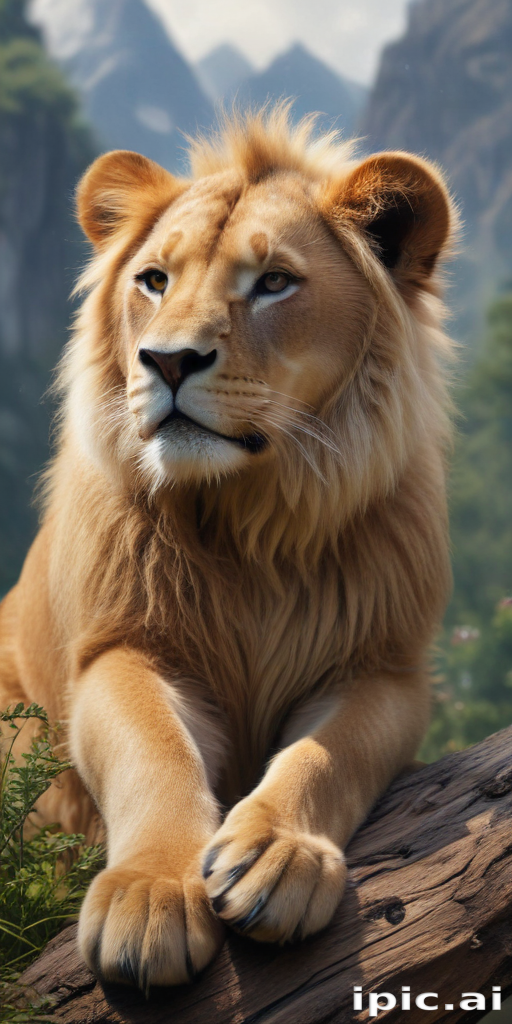 A Majestic Lion Resting Gracefully in a Serene Mountain Landscape.