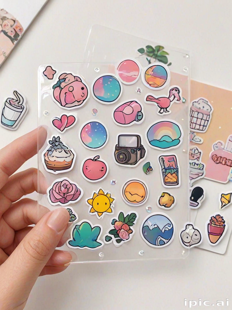 Colorful Collection of Cute Stickers Displayed on a Transparent Sheet
