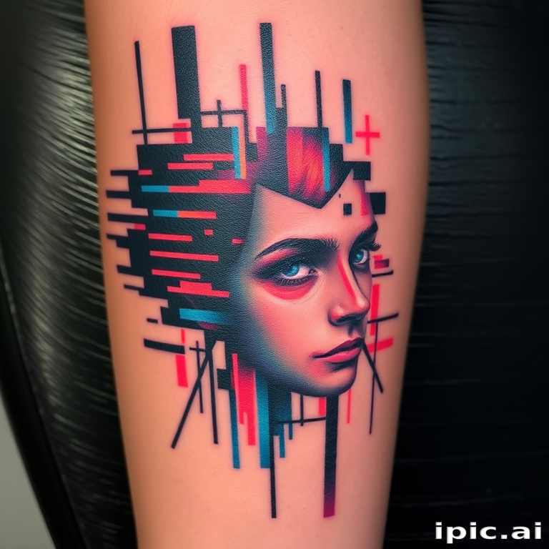 Modern Abstract Tattoo Featuring a Stylized Portrait with Vibrant Colors