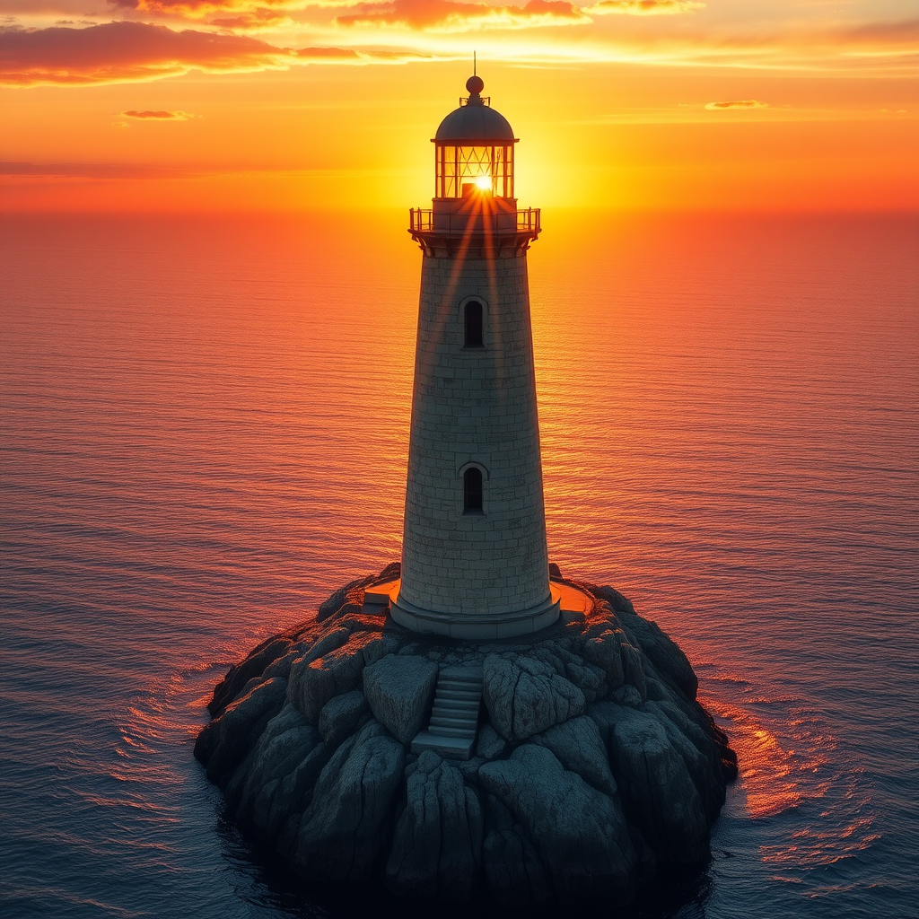 Majestic Lighthouse Standing Tall Against a Vibrant Sunset Over the Ocean