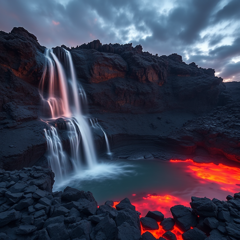Majestic Waterfall Cascading into a Fiery Lava Pool at Dusk