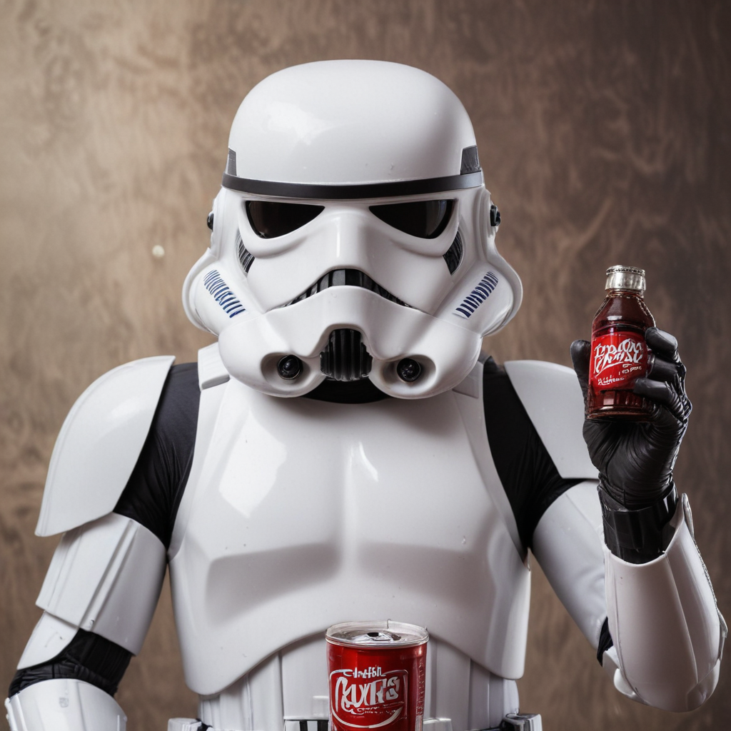 A storm trooper from star wars is sipping dr pepper