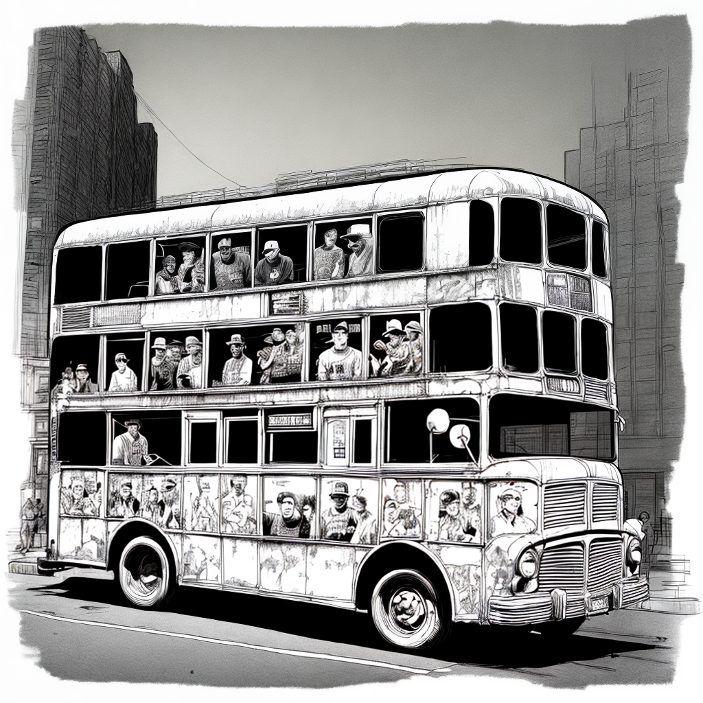THE hip hop BUS in the street. COMIC BOOK. SKETCH STYLE. BLACK AND WHITE.