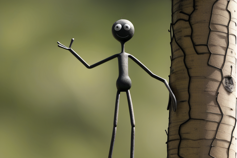 A Playful Stick Figure Cheerfully Posing Beside a Tall Tree.
