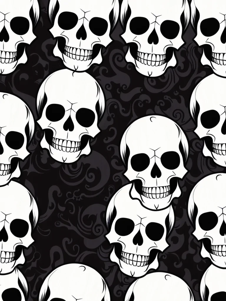 Stylized Repeating Pattern of White Skulls on a Dark Background