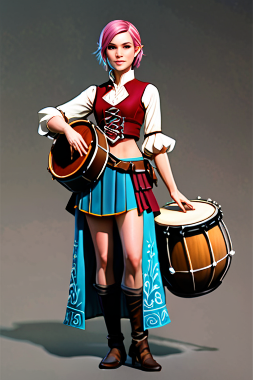 full body human female dnd style bard with bright clothing, short hair ...