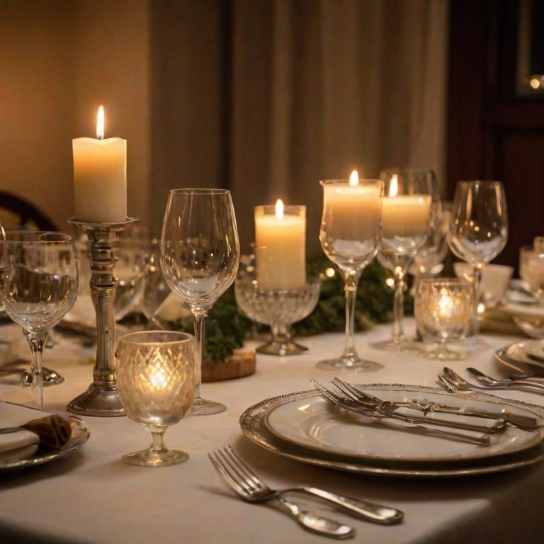 Elegant Candlelit Dinner Setting with Fine Glassware and Beautiful Decor